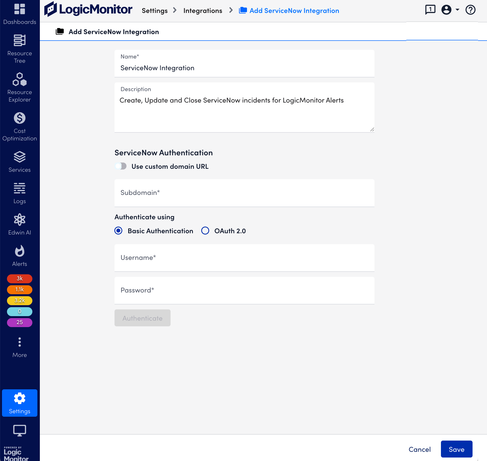 ServiceNow（インシデント管理）統合| LogicMonitor